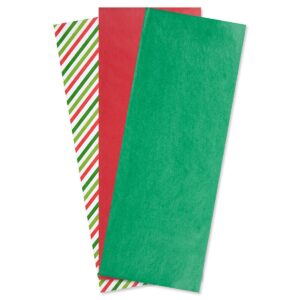 holiday red, green & stripes tissue sheets - set of 18 sheets, 20" x 20", 6 of each color/design.