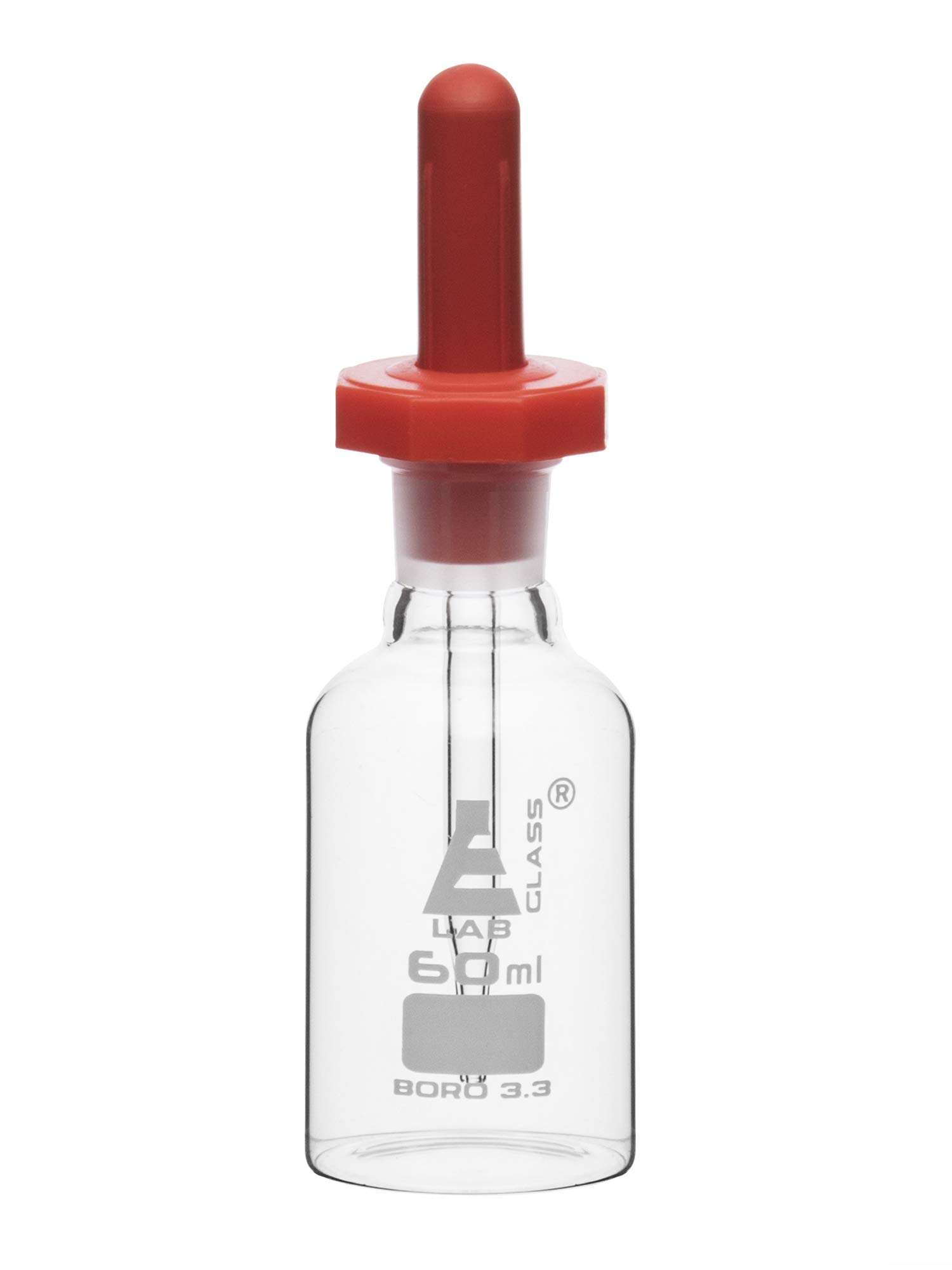 Dropping Bottle, 60ml (2oz) - Borosilicate 3.3 Glass - Eye Dropper Pipette and Dust Proof Rubber Bulb - Octagonal, Non-Screw Top - Eisco Labs