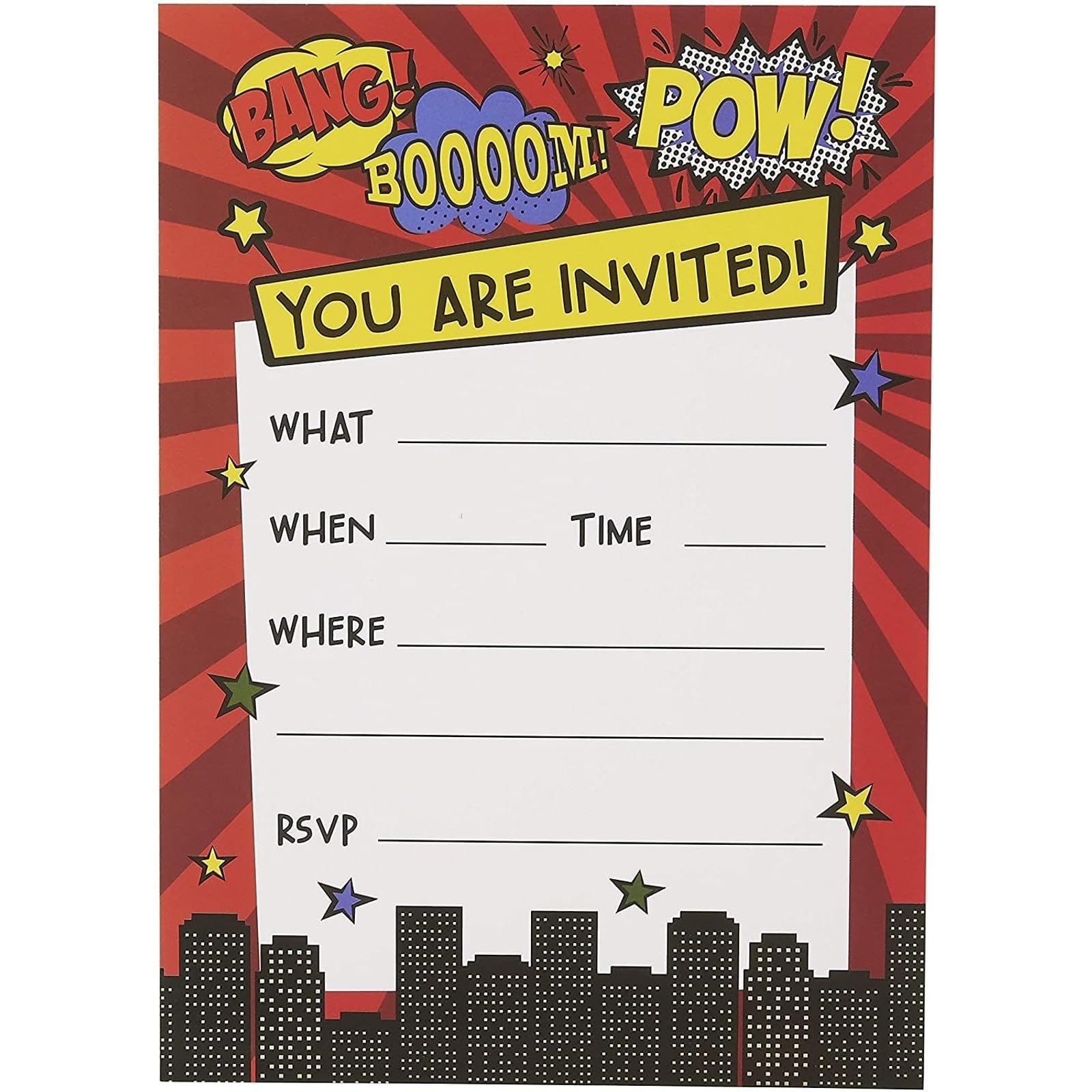 Juvale Comic Book Action Hero Birthday Party Fill-In Invitation Cards (5 x 7 In, 24 Pack)