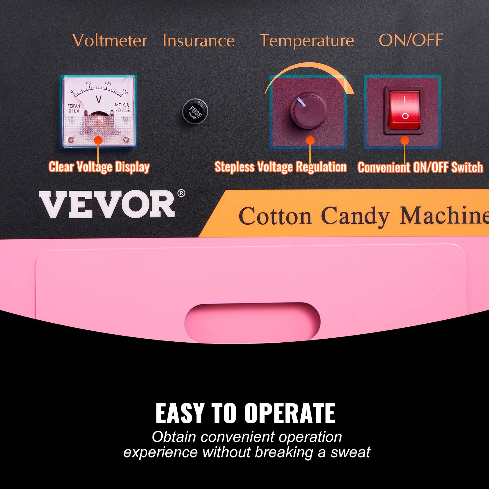 VEVOR Commercial Cotton Candy Machine, Electric Floss Maker with Stainless Steel Bowl, Sugar Scoop and Large Storage Drawer, for Home Party Carnival, Pink