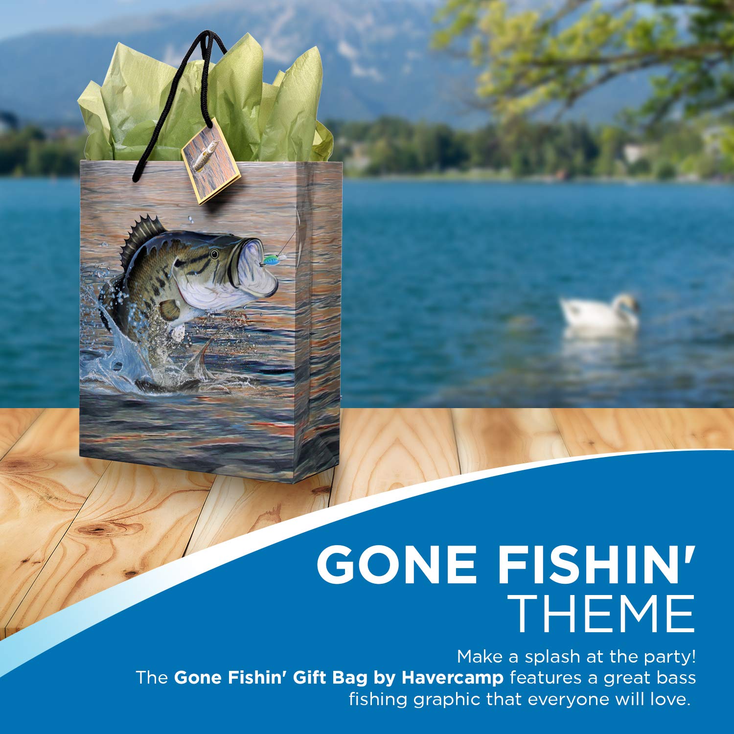 Havercamp Fishing Gift Bag, Medium, 10 x 12 x 4.25 Inches, Gone Fishin' Party Collection