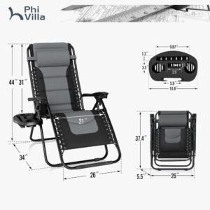 PHI VILLA Padded Zero Gravity Lounge Chair Folding Patio Recliner with Adjustable Headrest & Cup Holder, Support 350 LBS (Grey)