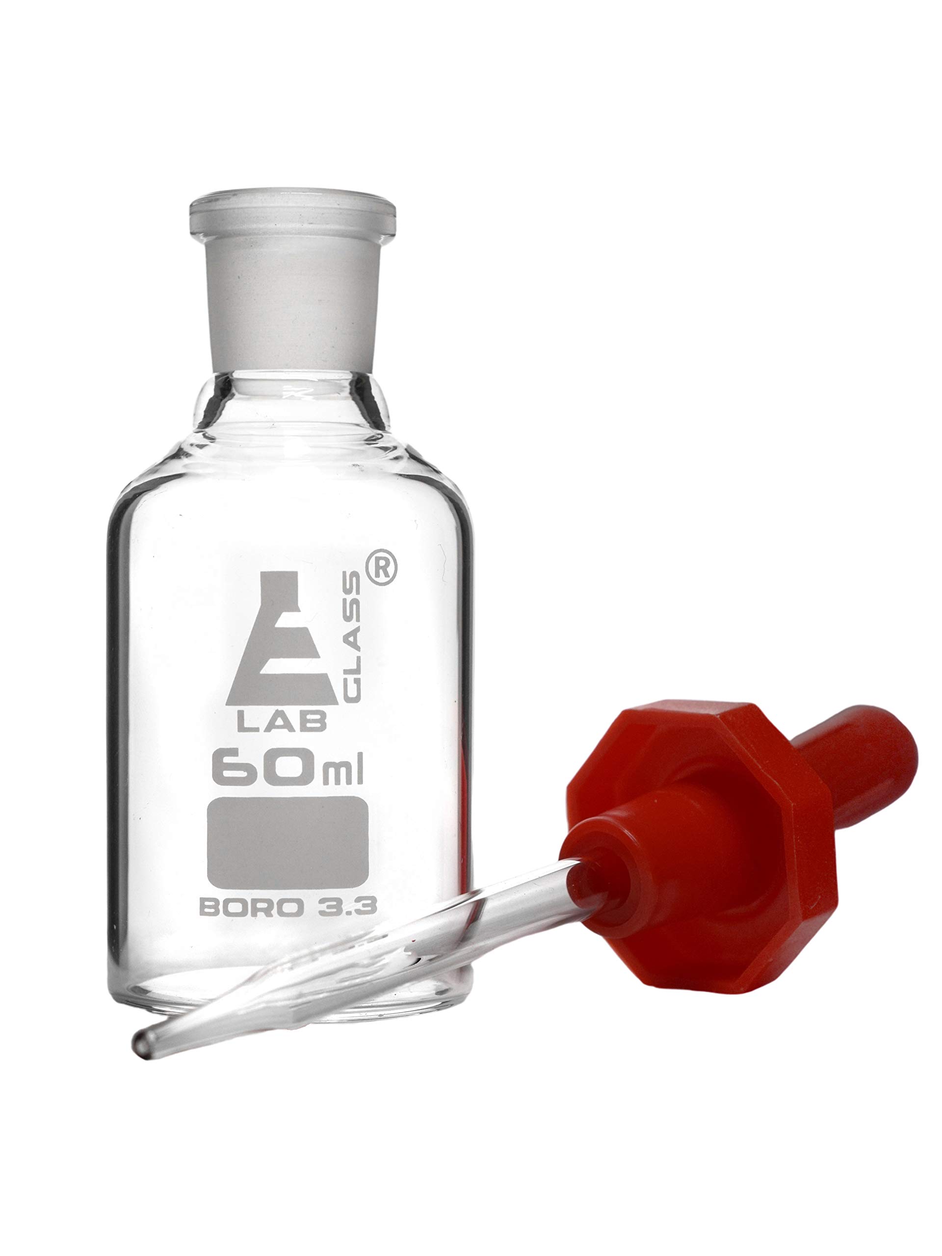 Dropping Bottle, 60ml (2oz) - Borosilicate 3.3 Glass - Eye Dropper Pipette and Dust Proof Rubber Bulb - Octagonal, Non-Screw Top - Eisco Labs