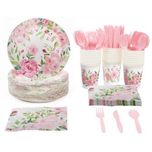 blue panda 144 piece vintage style tea party supplies, includes disposable floral paper plates, napkins, cups, & cutlery, for baby showers, weddings & more, serves 24