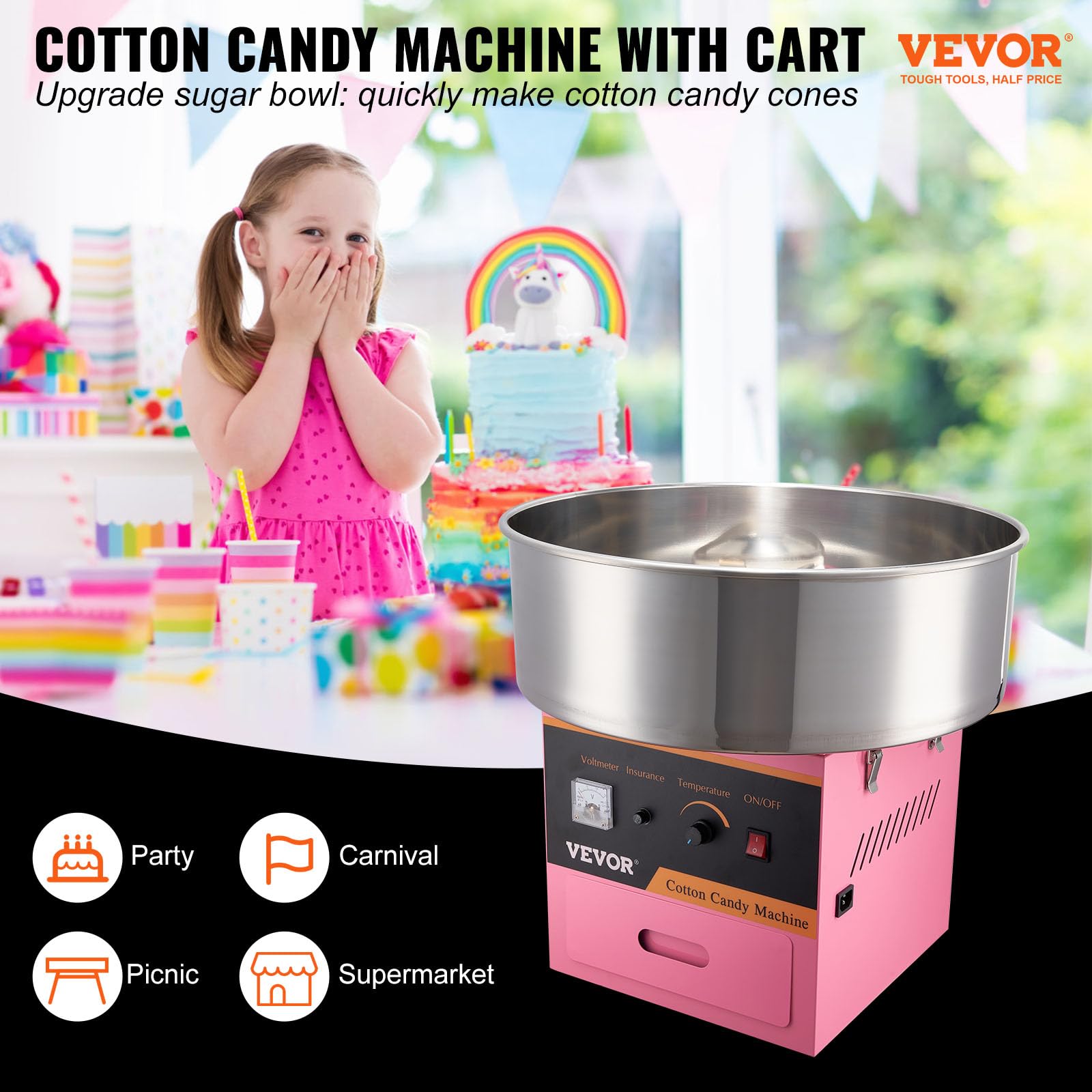 VEVOR Commercial Cotton Candy Machine, Electric Floss Maker with Stainless Steel Bowl, Sugar Scoop and Large Storage Drawer, for Home Party Carnival, Pink