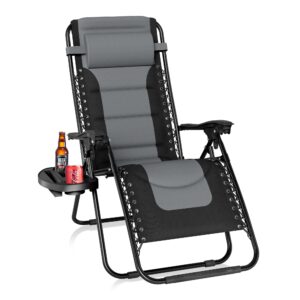 phi villa padded zero gravity lounge chair folding patio recliner with adjustable headrest & cup holder, support 350 lbs (grey)