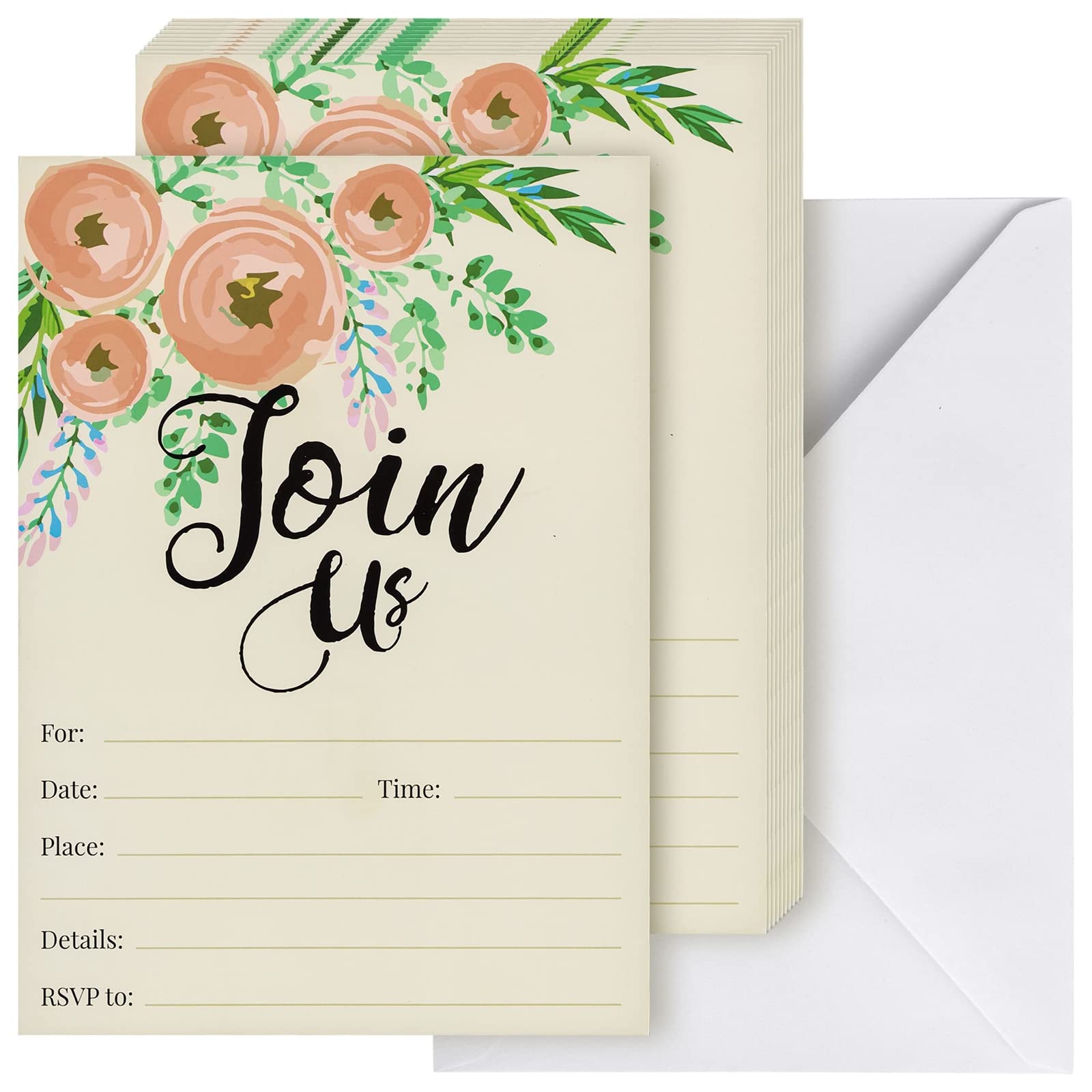 Juvale Invitation Cards - 50 Fill-In Floral Classy Cards with Envelopes. Great for Birthday, Bridal, Baby Shower and Wedding Invitations, 5 x 7 In, Postcard Style