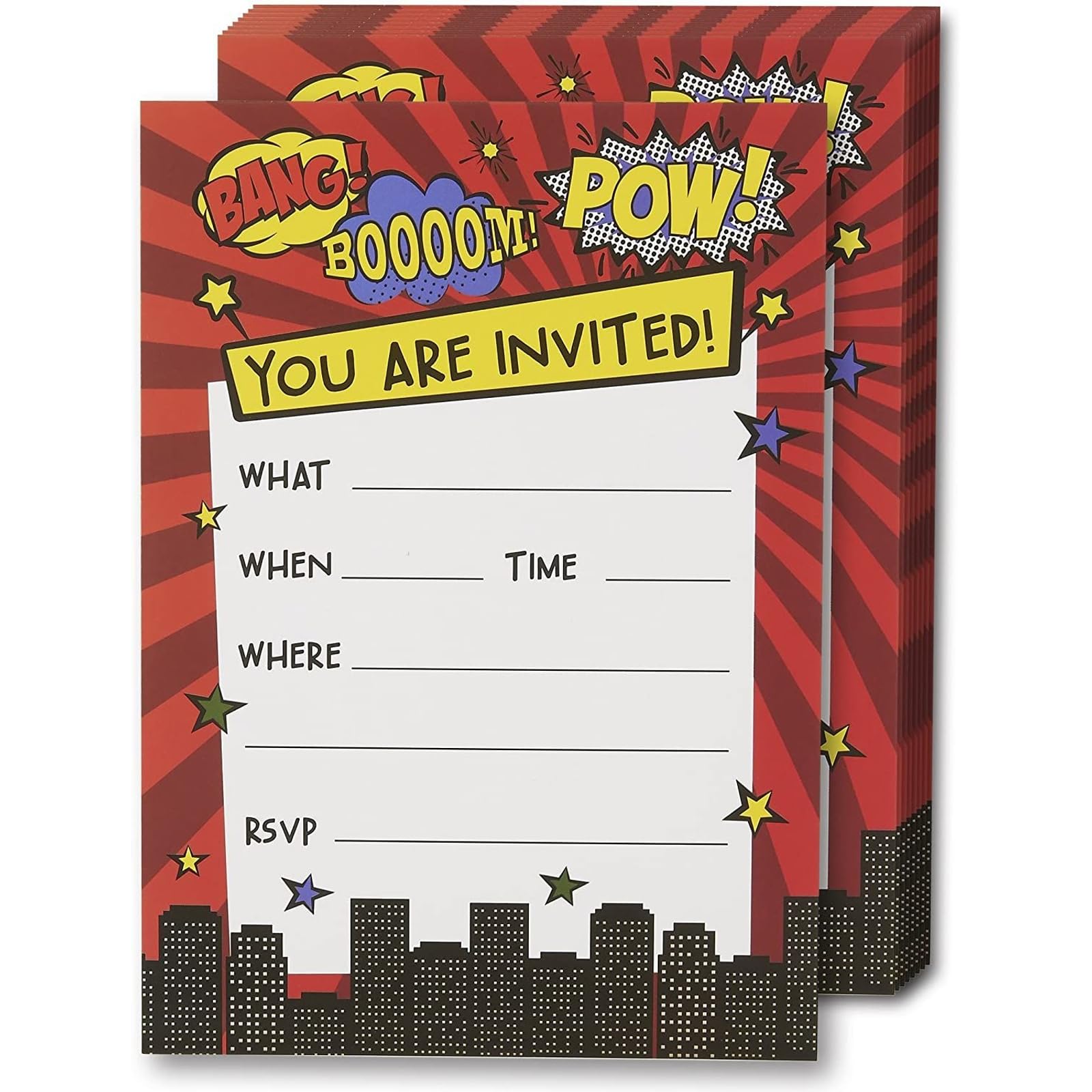 Juvale Comic Book Action Hero Birthday Party Fill-In Invitation Cards (5 x 7 In, 24 Pack)