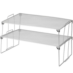 ybm home stackable shelf storage rack for kitchen, bathroom, and office, silver mesh wire stainless steel organizer with interlocking legs, foldable design to put away (medium, 2-pack)