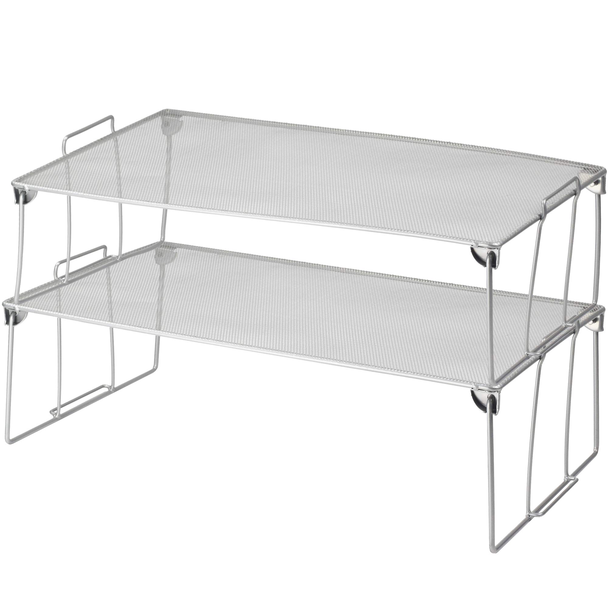 YBM HOME Stackable Shelf Storage Rack for Kitchen, Bathroom, and Office, Silver Mesh Wire Stainless Steel Organizer with Interlocking Legs, Foldable Design to Put Away (Medium, 2-Pack)