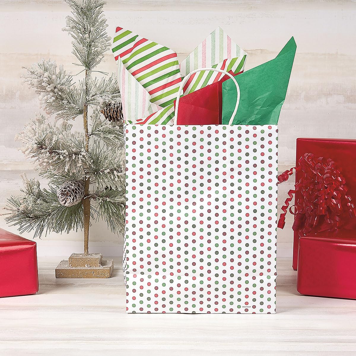 Holiday Red, Green & Stripes Tissue Sheets - Set of 18 Sheets, 20" x 20", 6 of Each Color/Design.