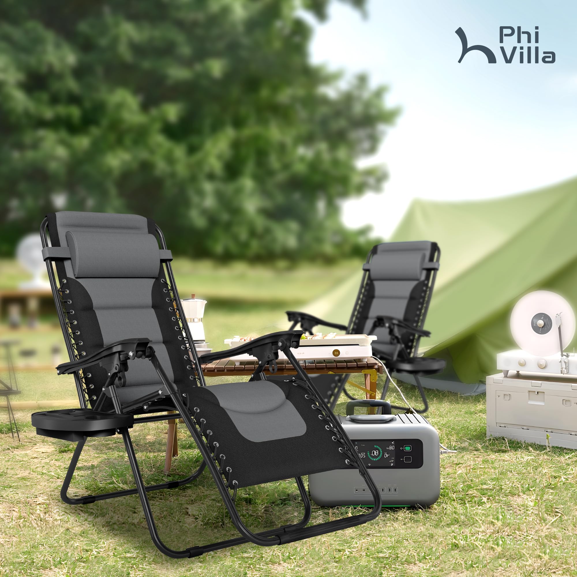 PHI VILLA Padded Zero Gravity Lounge Chair Folding Patio Recliner with Adjustable Headrest & Cup Holder, Support 350 LBS (Grey)