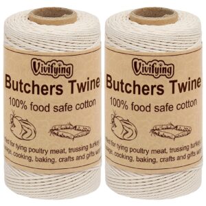 vivifying butchers twine, 2pcs x 328 feet 3ply cotton bakers twine, food safe cooking string for tying meat, making sausage, trussing turkey, roasting and packing (beige)