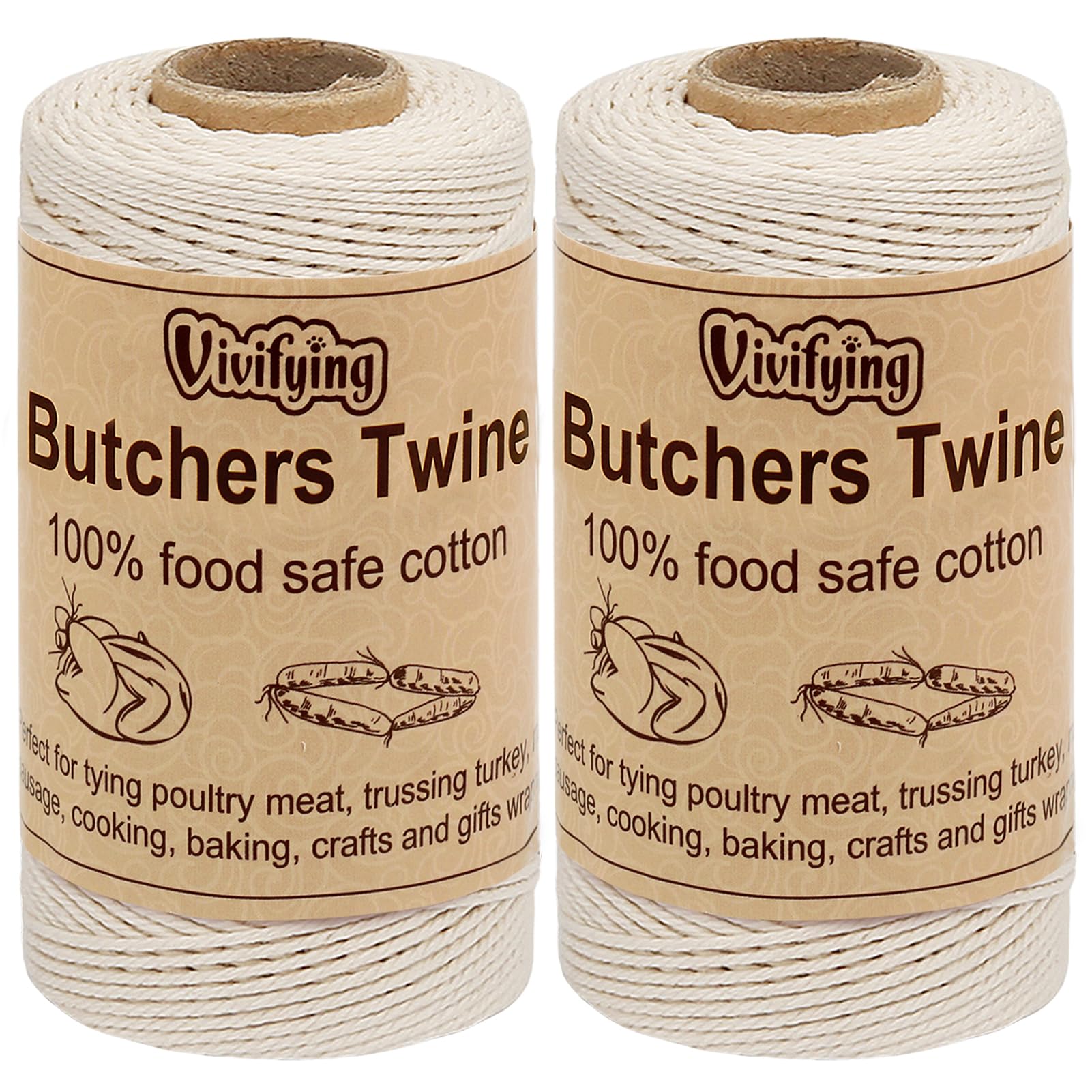 Vivifying Butchers Twine, 2pcs x 328 Feet 3Ply Cotton Bakers Twine, Food Safe Cooking String for Tying Meat, Making Sausage, Trussing Turkey, Roasting and Packing (Beige)