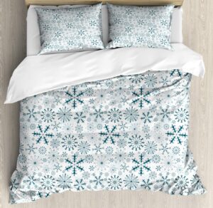 ambesonne winter duvet cover set, merry xmas theme delicate snowflakes cold freezing weather vintage holiday pattern, decorative 3 piece bedding set with 2 pillow shams, queen size, teal white