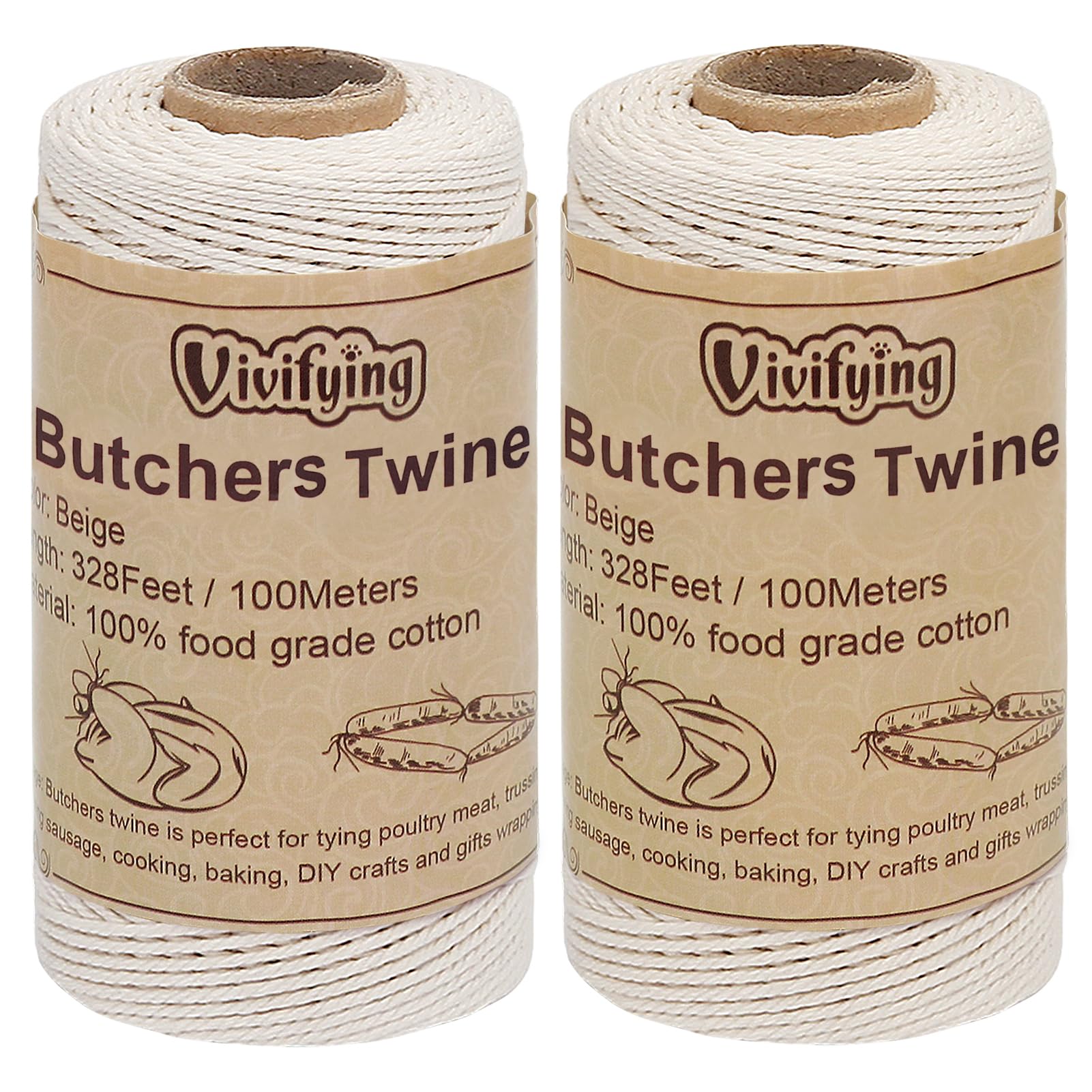 Vivifying Butchers Twine, 2pcs x 328 Feet 3Ply Cotton Bakers Twine, Food Safe Cooking String for Tying Meat, Making Sausage, Trussing Turkey, Roasting and Packing (Beige)