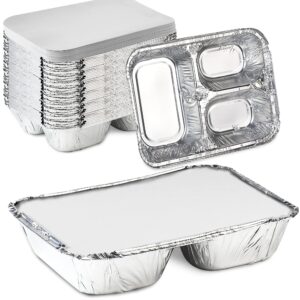 fit meal prep [50 pack 3 compartment 8.5 x 6.5 x 1.5 rectangular disposable aluminum foil pan take out food containers with flat board lids, hot cold freezer oven safe