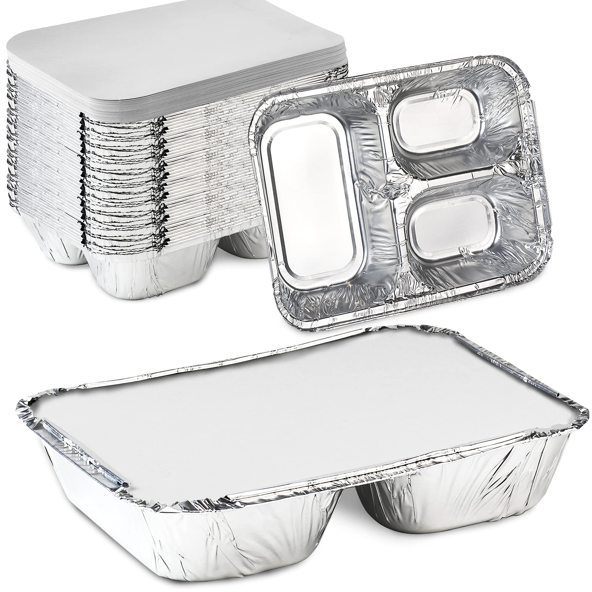 Fit Meal Prep [50 Pack 3 Compartment 8.5 x 6.5 x 1.5 Rectangular Disposable Aluminum Foil Pan Take Out Food Containers with Flat Board Lids, Hot Cold Freezer Oven Safe