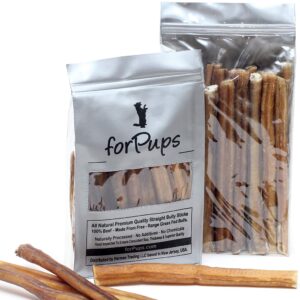 forpups regular bully sticks (half pound - 6 inch) (8 oz pack) - all natural, grass-fed, non-gmo (6") (0.5 lb) 100% beef pizzle dog chews, fully digestible, best dental treats