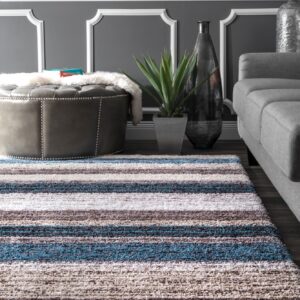 nuLOOM Drey Striped Shag Area Rug - 3x5 Accent Shag Rug Casual Blue Multi/Brown Rugs for Living Room Bedroom Dining Room Nursery Entryway