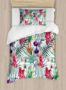 ambesonne floral duvet cover set, watercolored tropical exotic foliage vibrant color palette hawaiian summer season, decorative 2 piece bedding set with 1 pillow sham, twin size, sage green