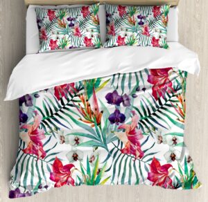 ambesonne floral duvet cover set, watercolored tropical exotic foliage vibrant color palette hawaiian summer season, decorative 3 piece bedding set with 2 pillow shams, king size, sage green