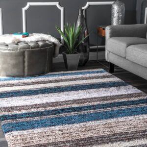 nuLOOM Drey Striped Shag Area Rug - 3x5 Accent Shag Rug Casual Blue Multi/Brown Rugs for Living Room Bedroom Dining Room Nursery Entryway