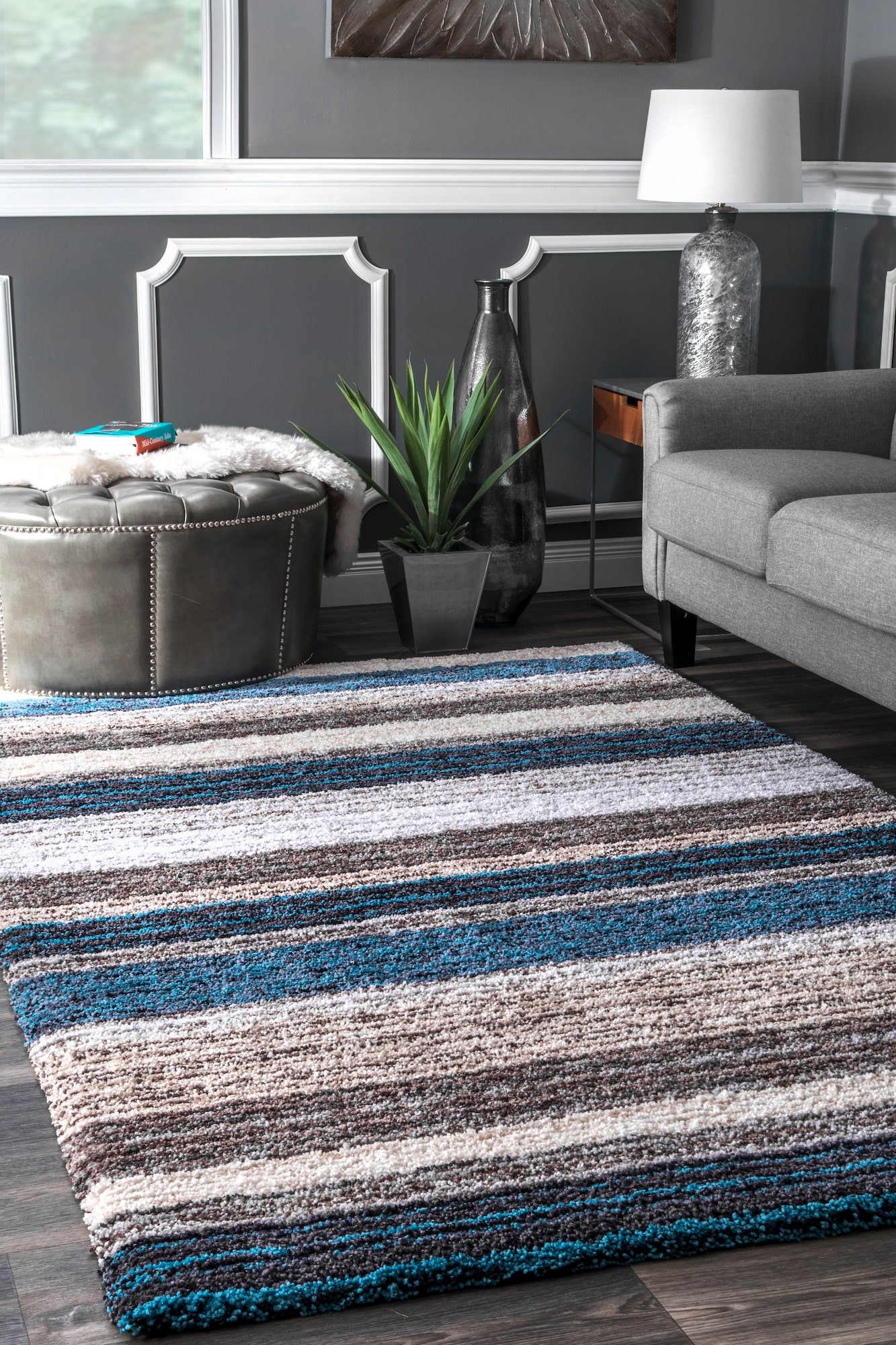 nuLOOM Drey Striped Shag Area Rug - 3x5 Accent Shag Rug Casual Blue Multi/Brown Rugs for Living Room Bedroom Dining Room Nursery Entryway