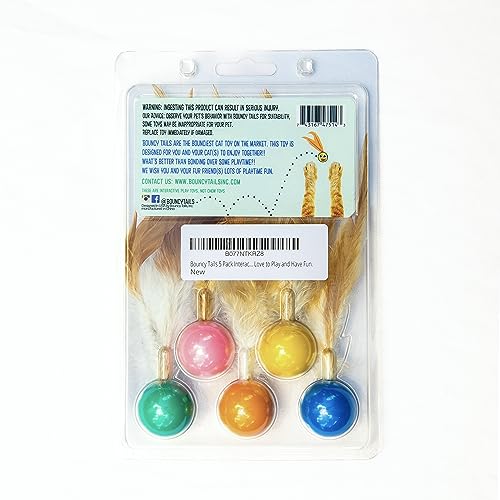 Bouncy Tails 5 Pack Interactive Bouncy Ball with Natural Feathers for Indoor Cats and Kittens who Love to Play and Have Fun.