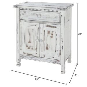 Rustic Cottage Accent Cabinet with 1 Drawer and 2 Doors, White Antique - Living Room Furniture, Functional Design with Dental Work and Turned Legs, Wipe Clean with a Dry Cloth