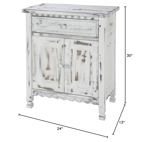 Rustic Cottage Accent Cabinet with 1 Drawer and 2 Doors, White Antique - Living Room Furniture, Functional Design with Dental Work and Turned Legs, Wipe Clean with a Dry Cloth