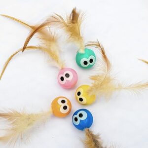 Bouncy Tails 5 Pack Interactive Bouncy Ball with Natural Feathers for Indoor Cats and Kittens who Love to Play and Have Fun.