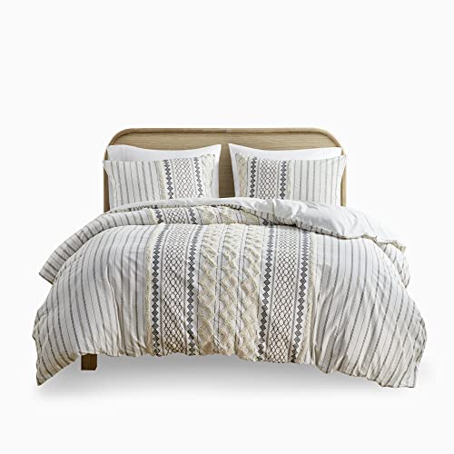 INK+IVY Imani 100% Cotton Duvet Mid Century Modern Design, All Season Comforter Cover Bedding Set, Matching Shams, King/Cal King, Ivory Chenille Tufted Accent 3 Piece