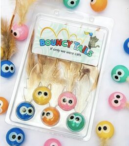 bouncy tails 5 pack interactive bouncy ball with natural feathers for indoor cats and kittens who love to play and have fun.