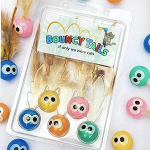 Bouncy Tails 5 Pack Interactive Bouncy Ball with Natural Feathers for Indoor Cats and Kittens who Love to Play and Have Fun.