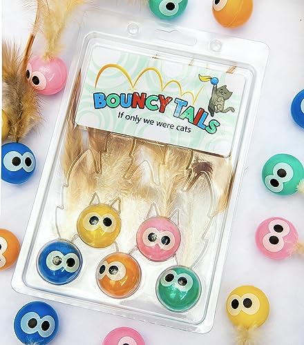 Bouncy Tails 5 Pack Interactive Bouncy Ball with Natural Feathers for Indoor Cats and Kittens who Love to Play and Have Fun.