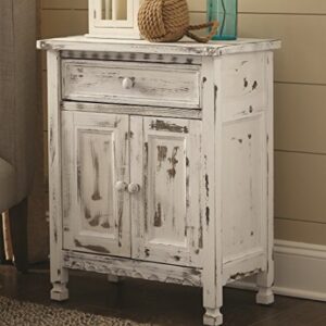 Rustic Cottage Accent Cabinet with 1 Drawer and 2 Doors, White Antique - Living Room Furniture, Functional Design with Dental Work and Turned Legs, Wipe Clean with a Dry Cloth