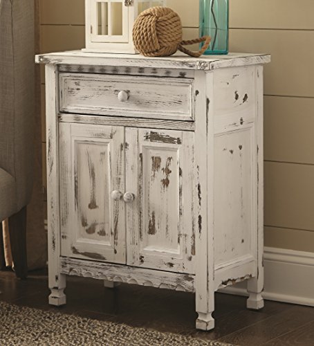 Rustic Cottage Accent Cabinet with 1 Drawer and 2 Doors, White Antique - Living Room Furniture, Functional Design with Dental Work and Turned Legs, Wipe Clean with a Dry Cloth