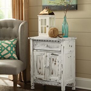 Rustic Cottage Accent Cabinet with 1 Drawer and 2 Doors, White Antique - Living Room Furniture, Functional Design with Dental Work and Turned Legs, Wipe Clean with a Dry Cloth