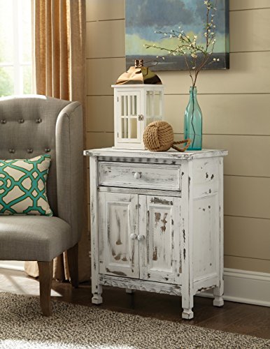 Rustic Cottage Accent Cabinet with 1 Drawer and 2 Doors, White Antique - Living Room Furniture, Functional Design with Dental Work and Turned Legs, Wipe Clean with a Dry Cloth