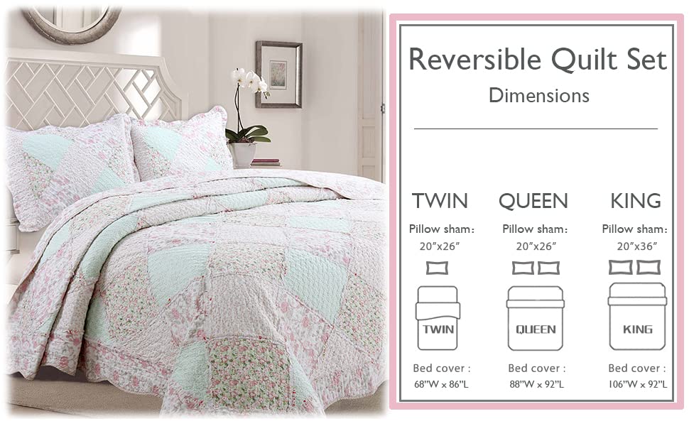 Cozy Line Home Fashions 100% Cotton Real Patchwork Floral Pink Rose Shabby Chic Girly Reversible Quilt Bedding Set, Coverlet Bedspread (La Rosa Rêve, King - 3 Piece)