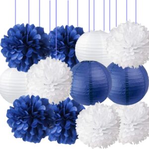 nautical party decor pom poms tissue paper lanterns navy blue decorations for baby shower boy scout banquet birthday party nursery decorations bridal shower wedding party decorations