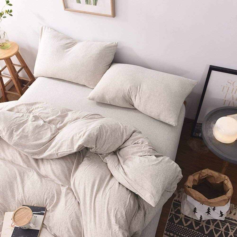 LIFETOWN 100% Jersey Knit Cotton Duvet Cover Set T-Shirt Feel Bedding Set Ultra Soft Wrinkle-Free (Oatmeal Beige, Queen)