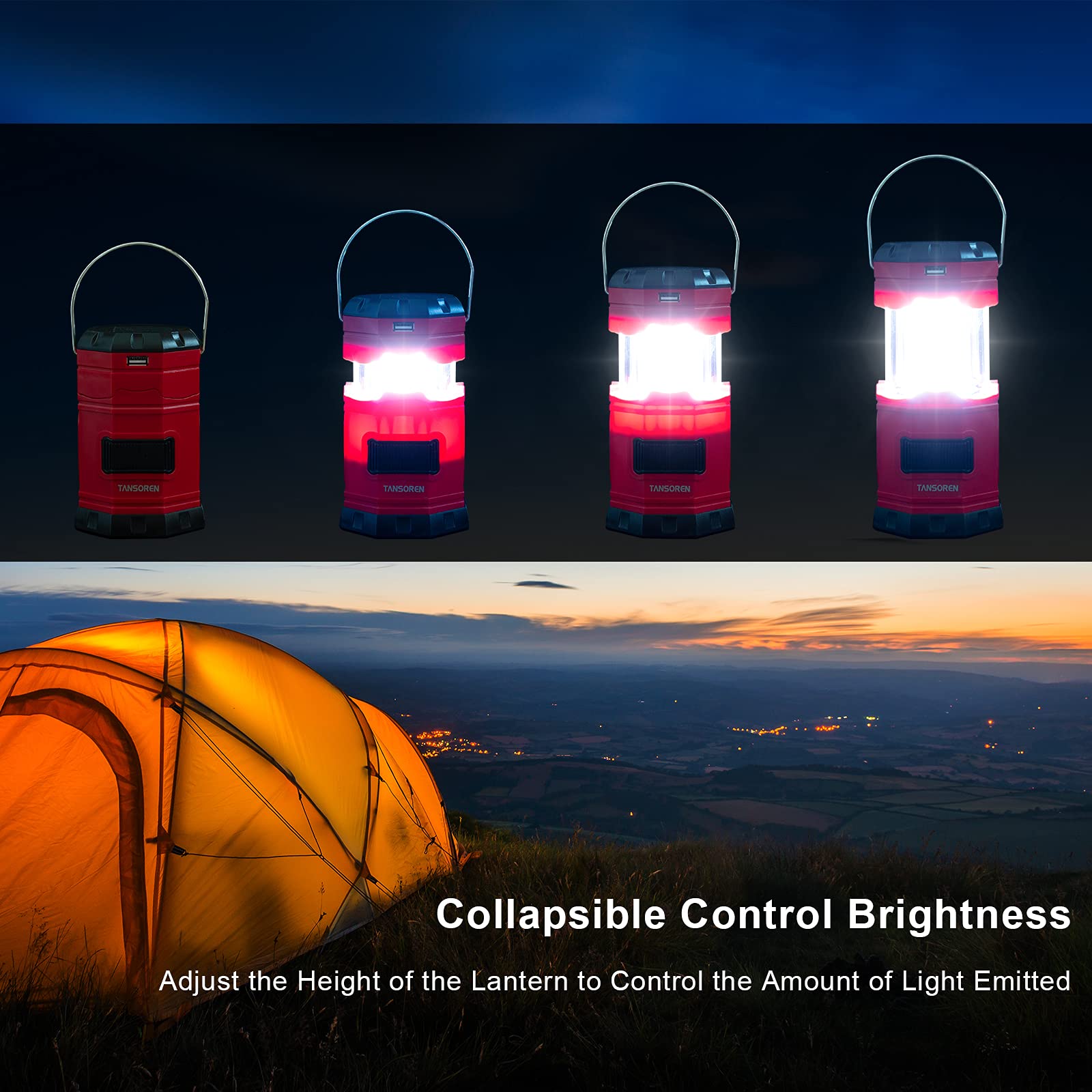 TANSOREN 4 Pack Portable LED Camping Lantern Solar USB Rechargeable or 3 AA Power Supply, Built-in Power Bank Compati Android Charge, Waterproof Collapsible Emergency LED Light with S Hook