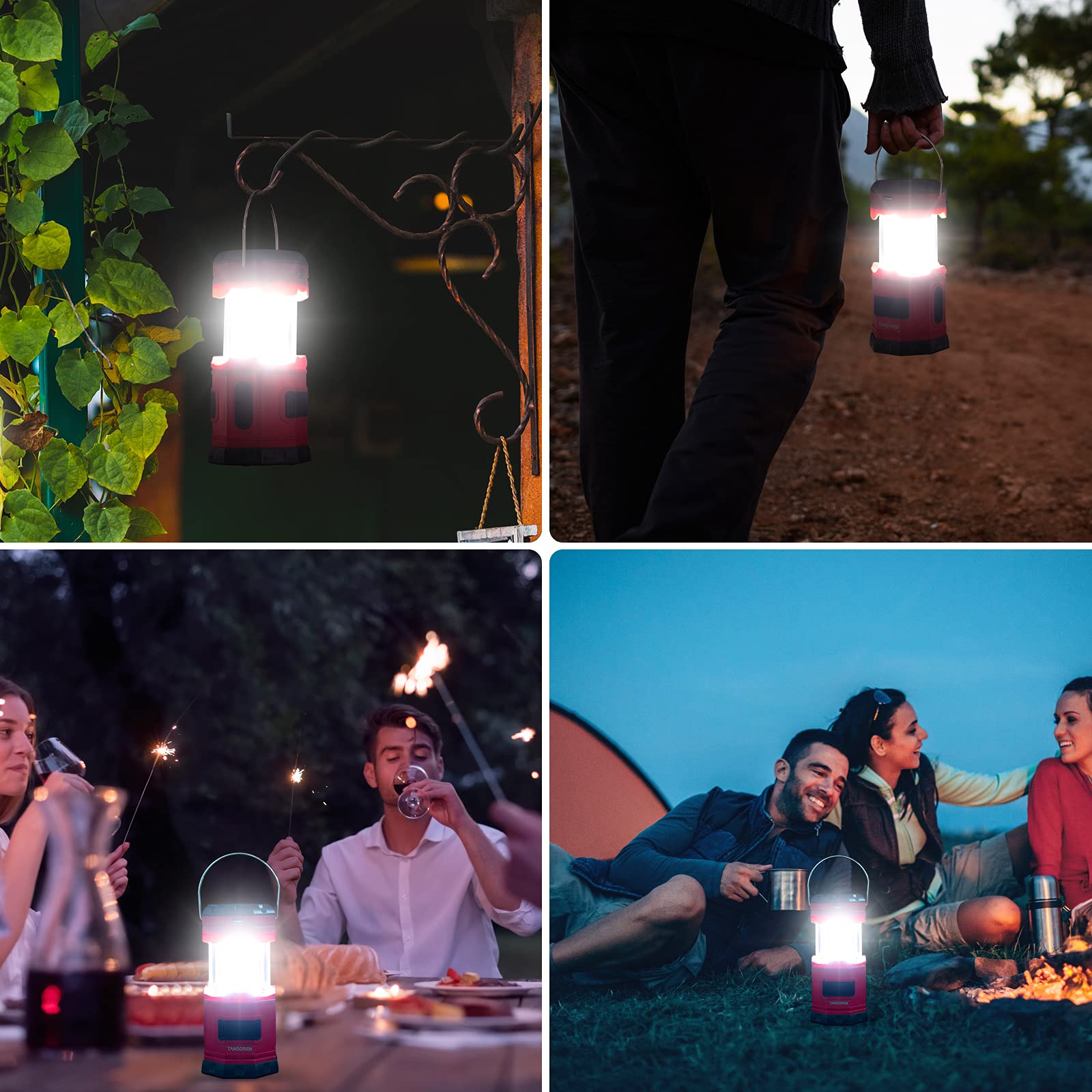 TANSOREN 4 Pack Portable LED Camping Lantern Solar USB Rechargeable or 3 AA Power Supply, Built-in Power Bank Compati Android Charge, Waterproof Collapsible Emergency LED Light with S Hook