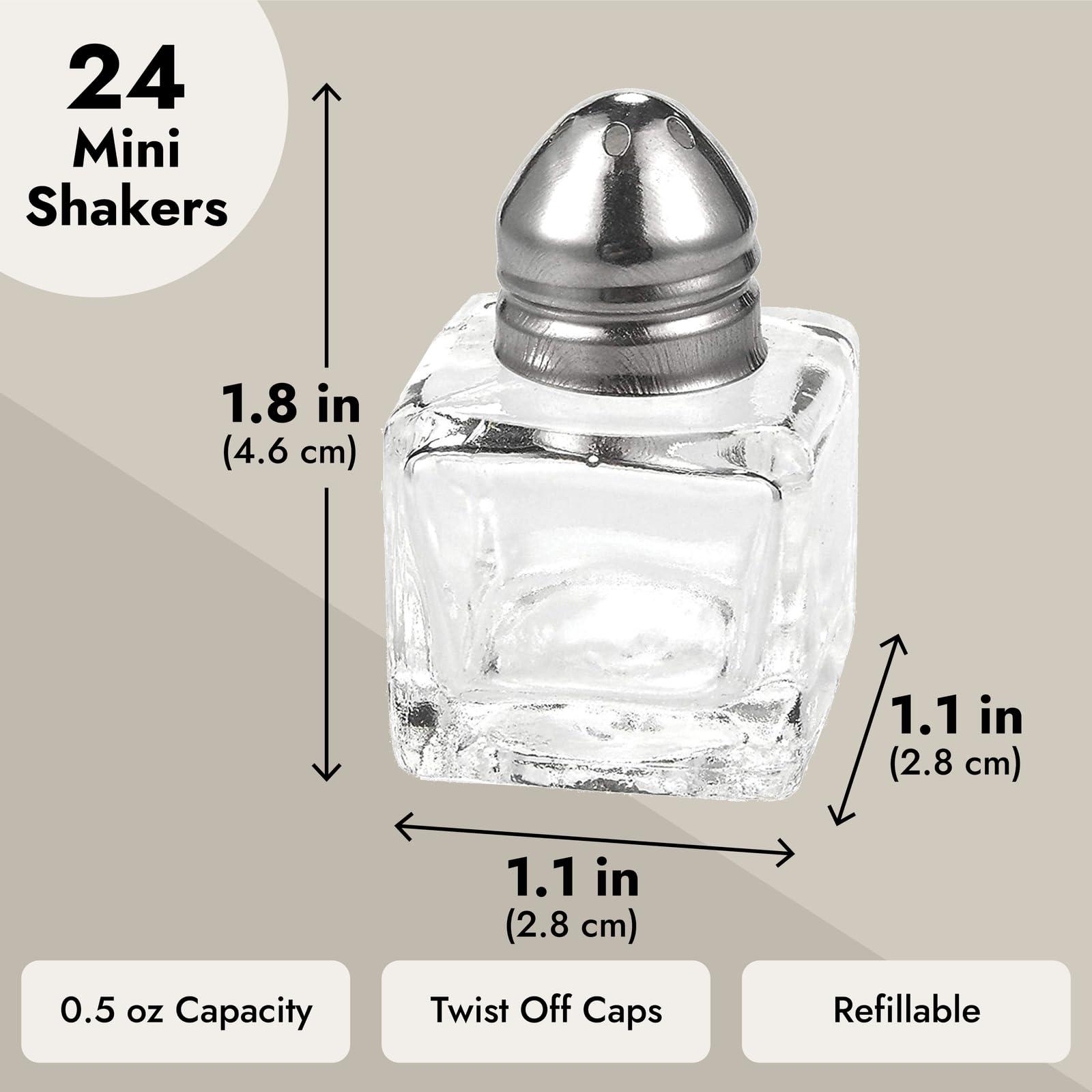 Set of 24 Mini Salt and Pepper Shakers (Glass and Stainless Steel, 0.5 oz)