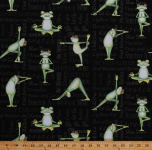 cotton frogs yoga frog yoga poses stretches stretching exercise amphibians words phrases back in 5 minutes black cotton fabric print by the yard (ajw-11128-184charcoal)