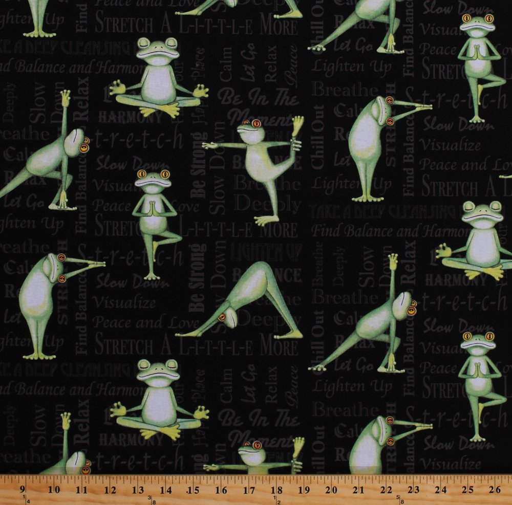 Cotton Frogs Yoga Frog Yoga Poses Stretches Stretching Exercise Amphibians Words Phrases Back in 5 Minutes Black Cotton Fabric Print by The Yard (AJW-11128-184CHARCOAL)