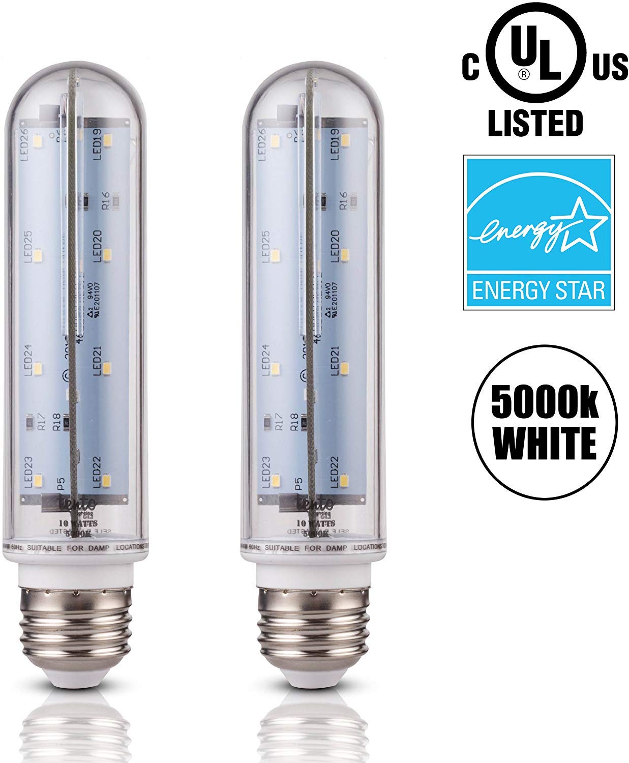 Tento Lighting T10 LED Tube Light, Tubular Light Bulb, E26 Medium Base, Sub Zero Fridge and Freezer Light Bulb Replacement, Aquarium Light Bulb, Type T Bulb, 60w - 70w, 5000k, Cool White (2 Pack)