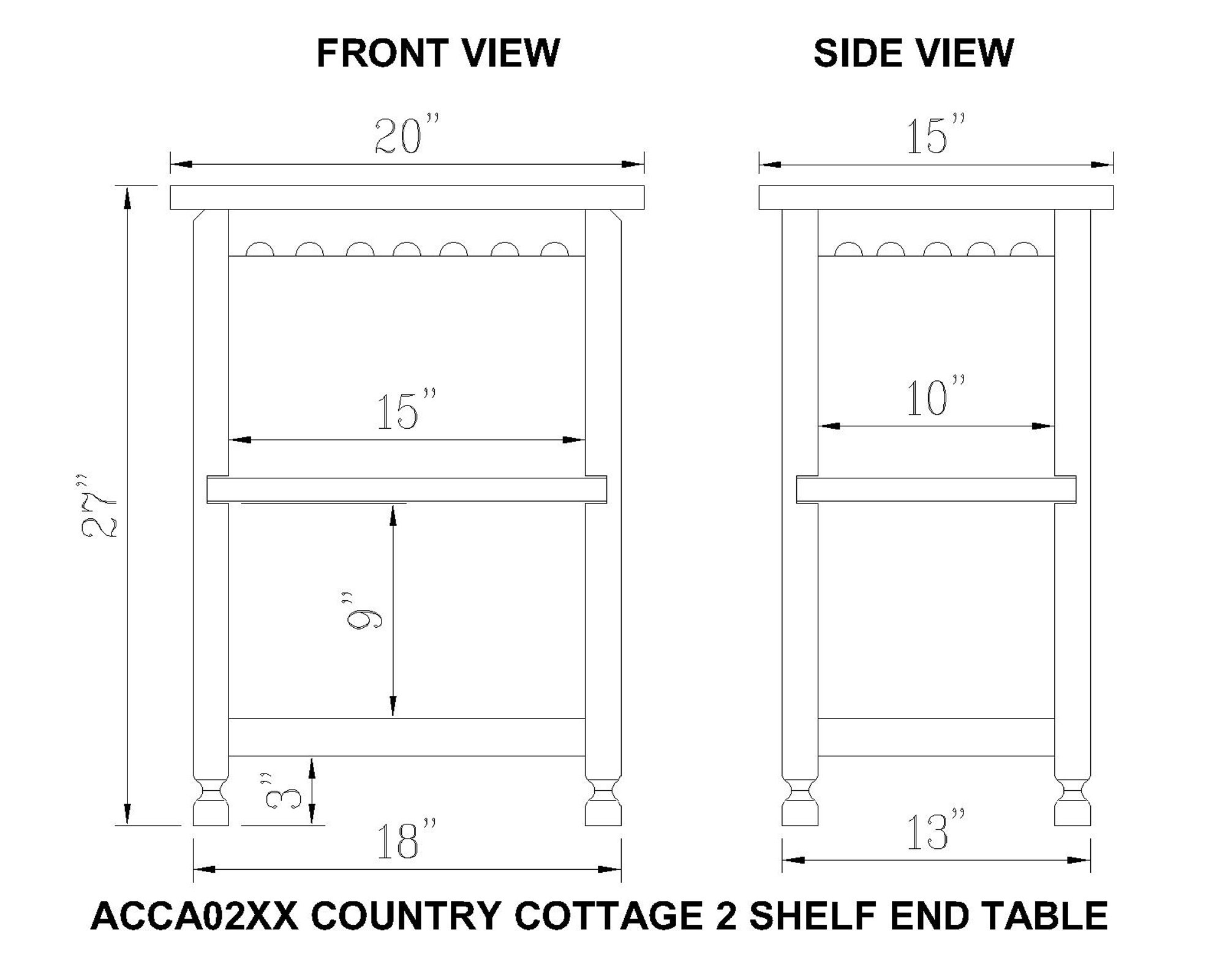 Rustic Cottage End Table with 2 Shelves - Farmhouse Style | 15D x 20W x 27H in | Select Hardwoods for Durability | Square, Turned Legs | Wipe Clean | Blue Finish | Living Room Furniture